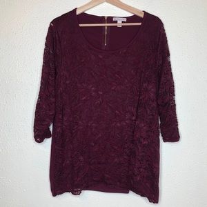 dressbarn | Tops | Dressbarn Burgundy Floral Lace Overaly Top | Poshmark